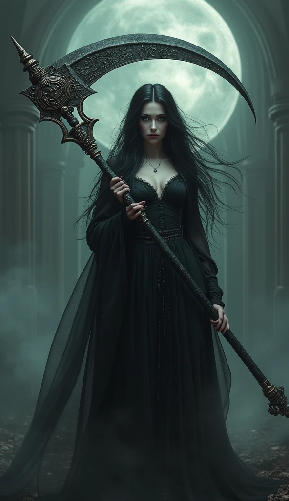 Beautiful girl, Thanatos goddess of death , wielding a large sickle - SeaArt AI