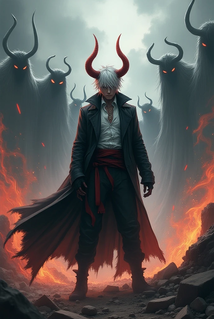 A handsome and rude man with devil's horn having white hair and ...