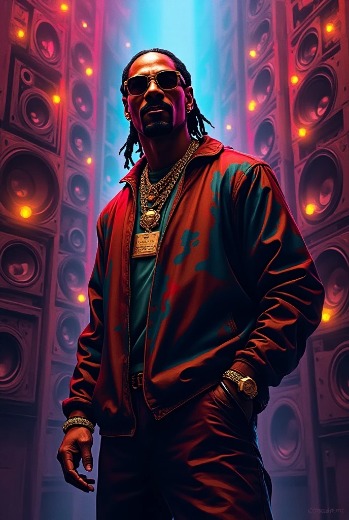 Depict Snoop Dogg standing confidently in a lavish setting, with ...