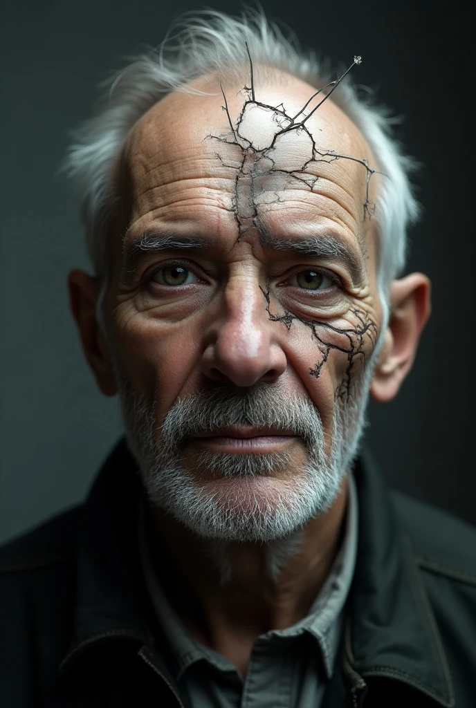 Face of an old man , divided into two parts , a part as if it were ...