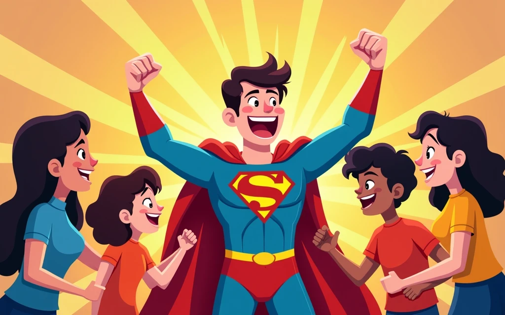 Create a cheerful and vibrant illustration of a superhero in the center ...
