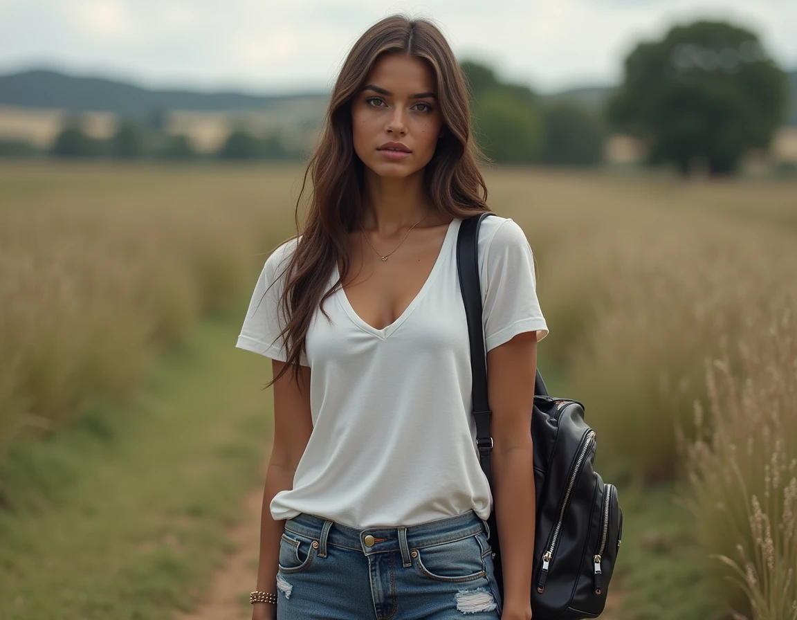 full body image of a 23-year-old woman , delicate face, browns with ...