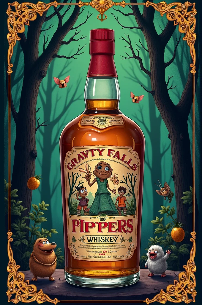 The label of the 100 pippers whiskey but with the Gravity Falls style ...