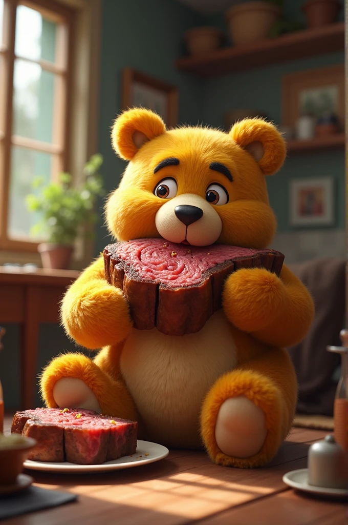 Crée moi une image de l’ours ted en train de manger une cote de bœuf - SeaArt AI