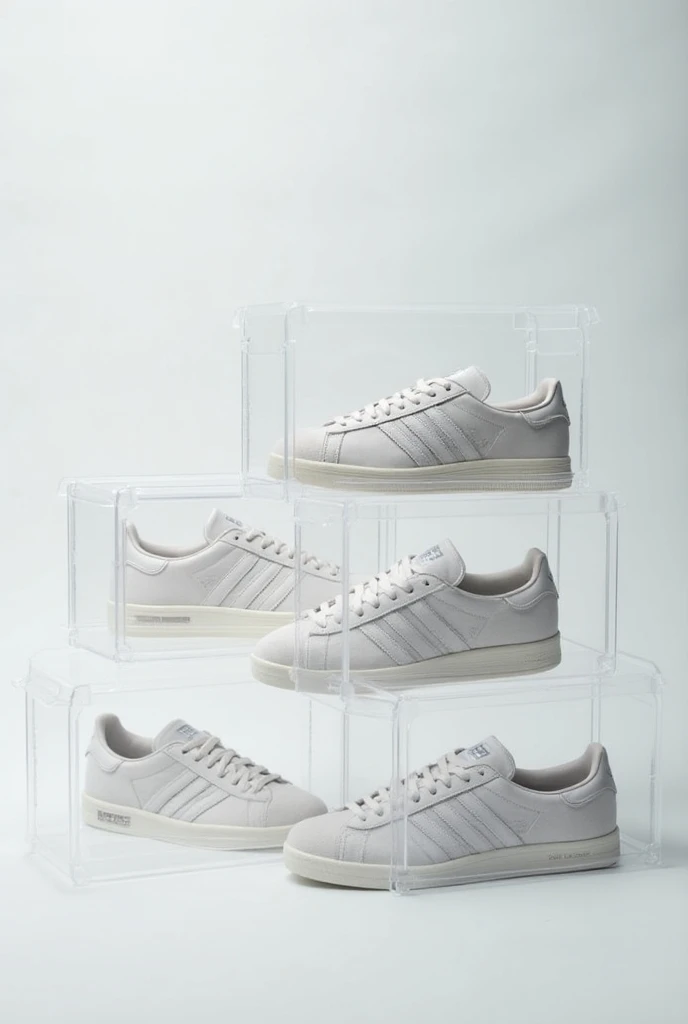 Transparent plastic boxes with Adidas samba tennis inside - SeaArt AI