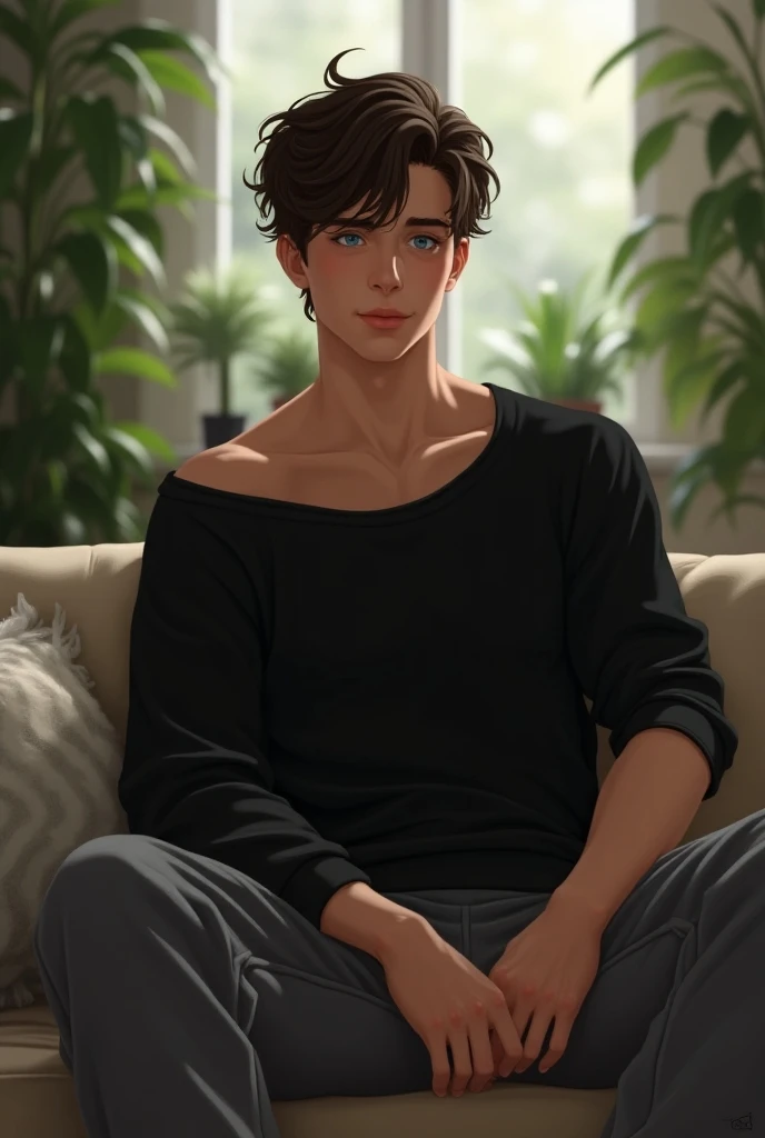 (photorealism:1.2), male, sitting on couch, wearing black loose off ...