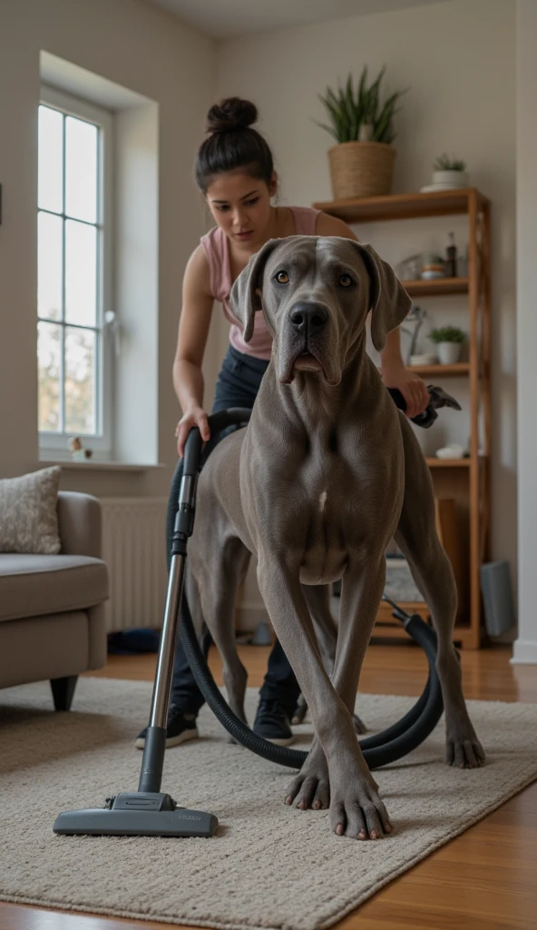 A scene where a woman with a neurotic face is vacuuming a house - SeaArt AI