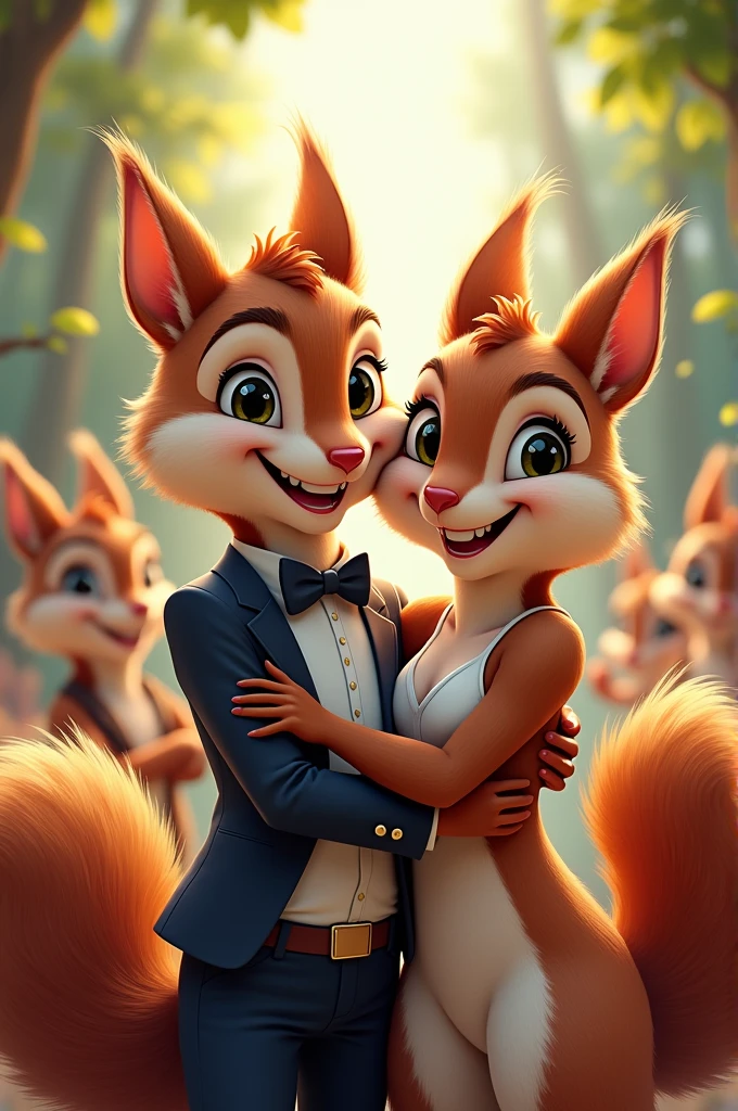 Two dressed squirrels (man and woman) who hug with friends, to motivate ...