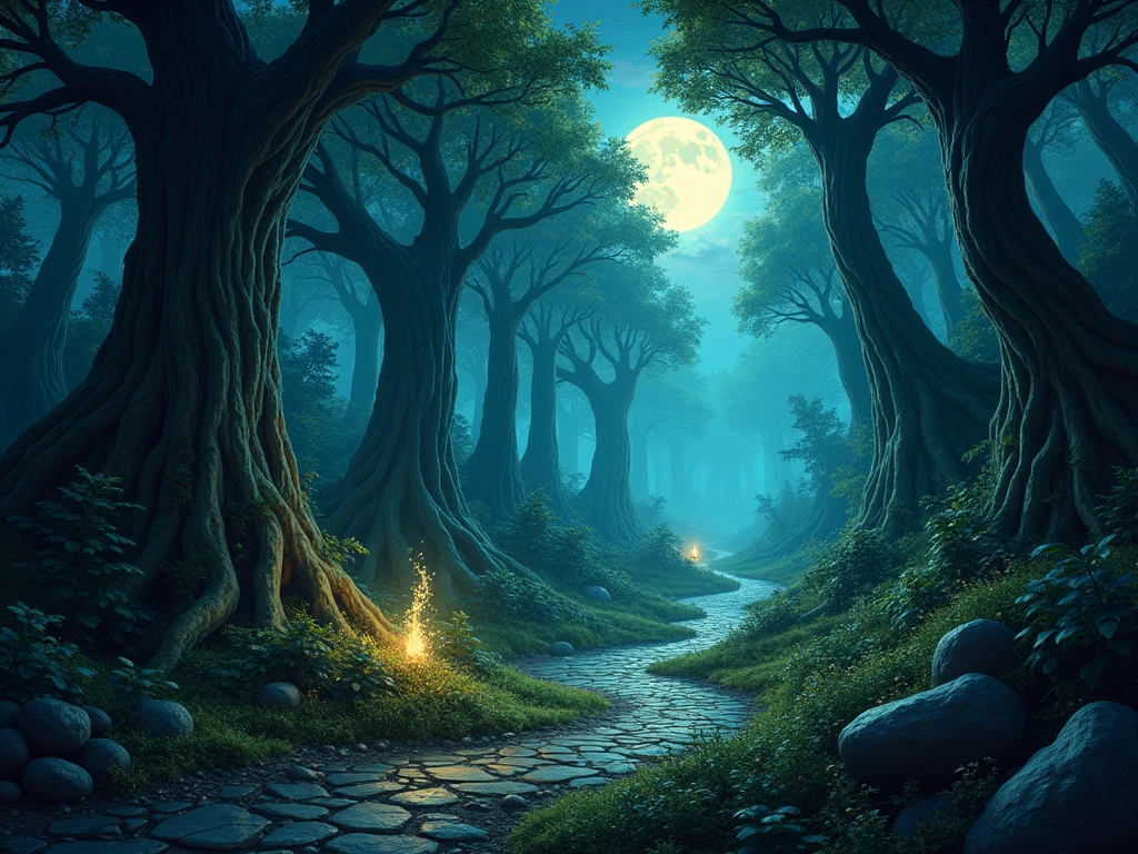 Familiar forest with magical creatures and deceptive paths at night ...
