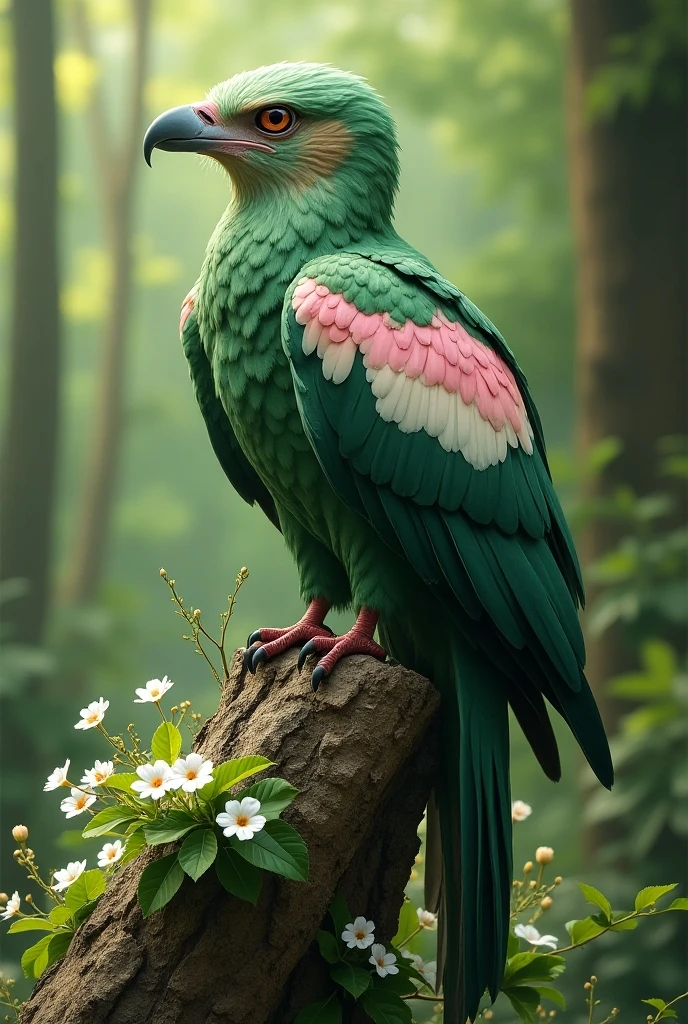 A green eagle with white stripes and pink stripes The eagle is on top ...