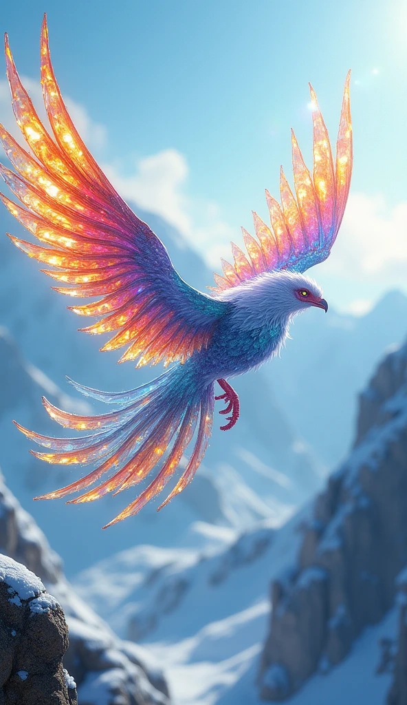 A mythical bird with feathers made of crystal , that shines brightly ...
