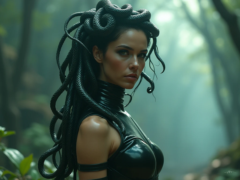 Beautiful woman, Medusa, wearing a latex jumpsuit, wielding mythical ...