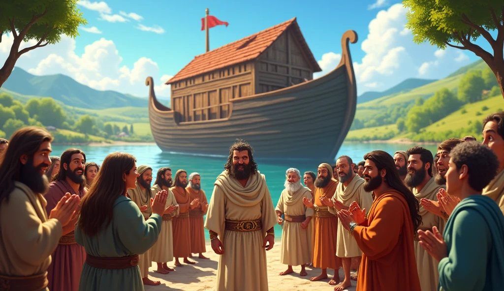 2. People laughing and mocking Noah while he works on the ark - SeaArt AI