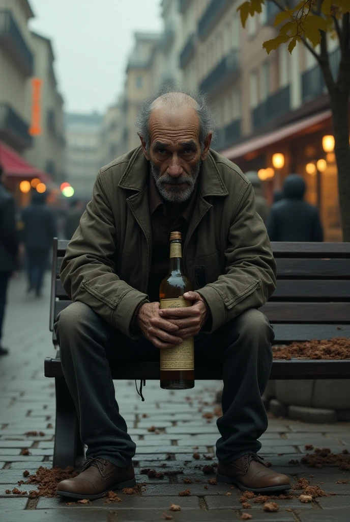 Drunk sitting on a bench in the square embraced with a bottle - SeaArt AI