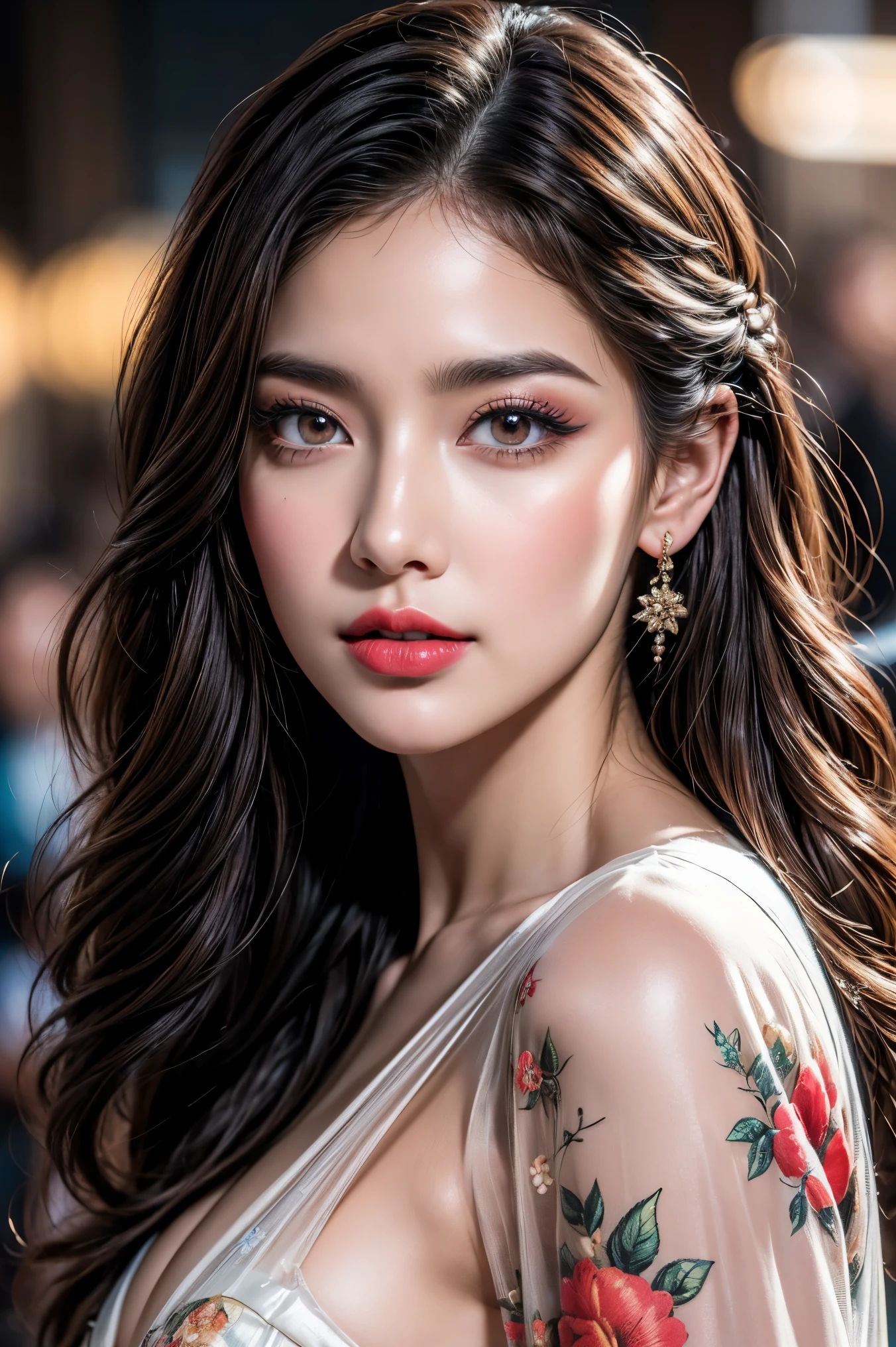 A close up of a woman with long hair and a flowered dress - SeaArt AI