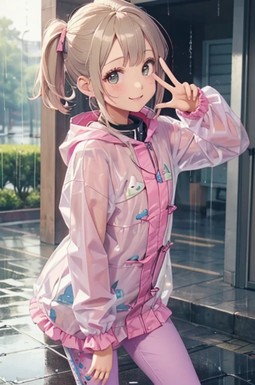 Anime girl in pink raincoat posing in front of a building - SeaArt AI