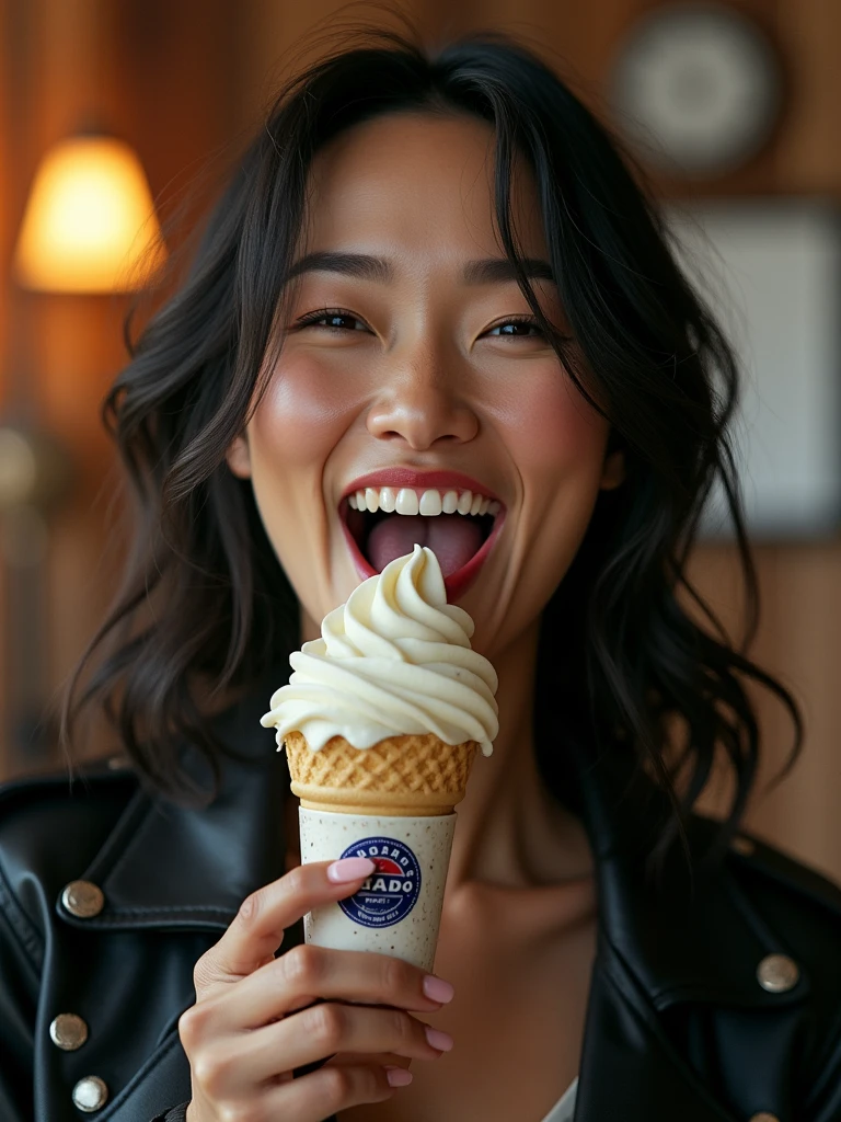 Lucy Liu happy eating morando ice cream with cover, lamb mouth - SeaArt AI