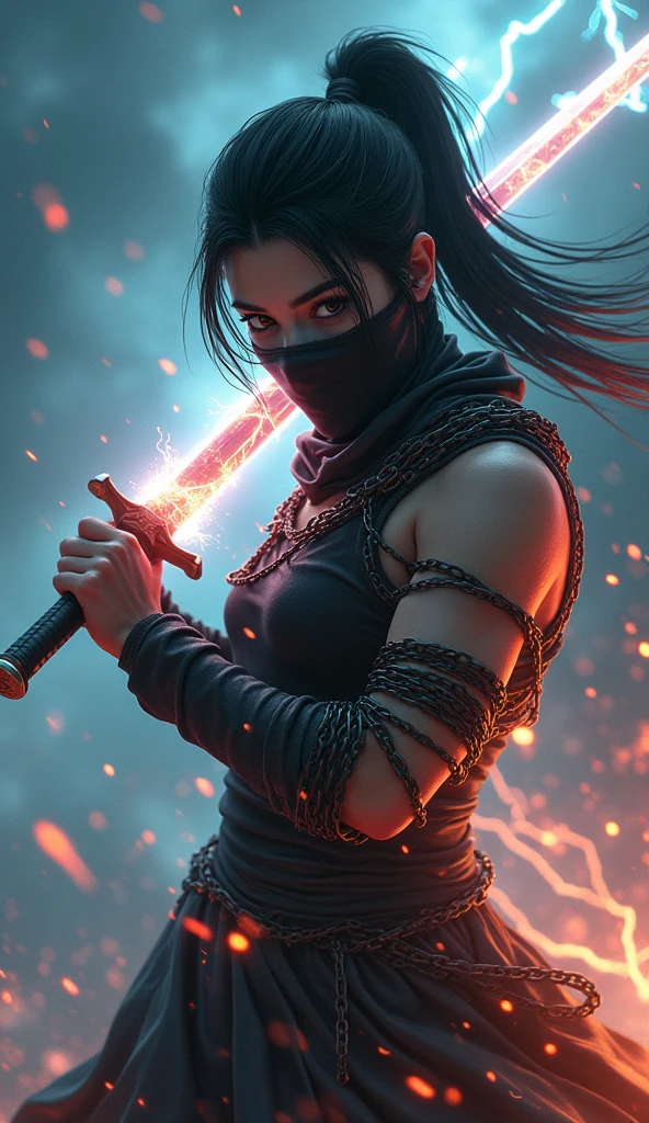 female ninja with chains wrapped around ninja clothes, Upper body ...