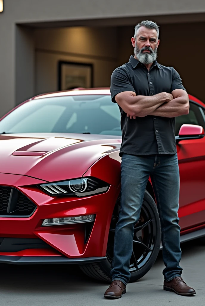 A red colour mustang GT with a beard men standing outside - SeaArt AI