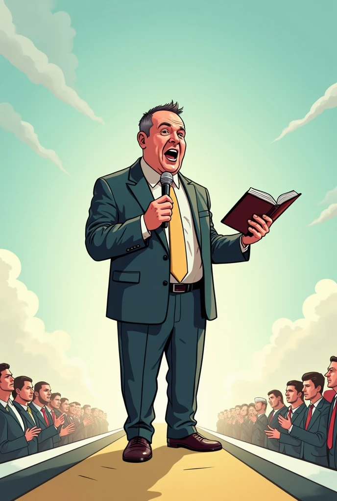 Comic pastor preaching on a runway with a microphone and a bible in his ...