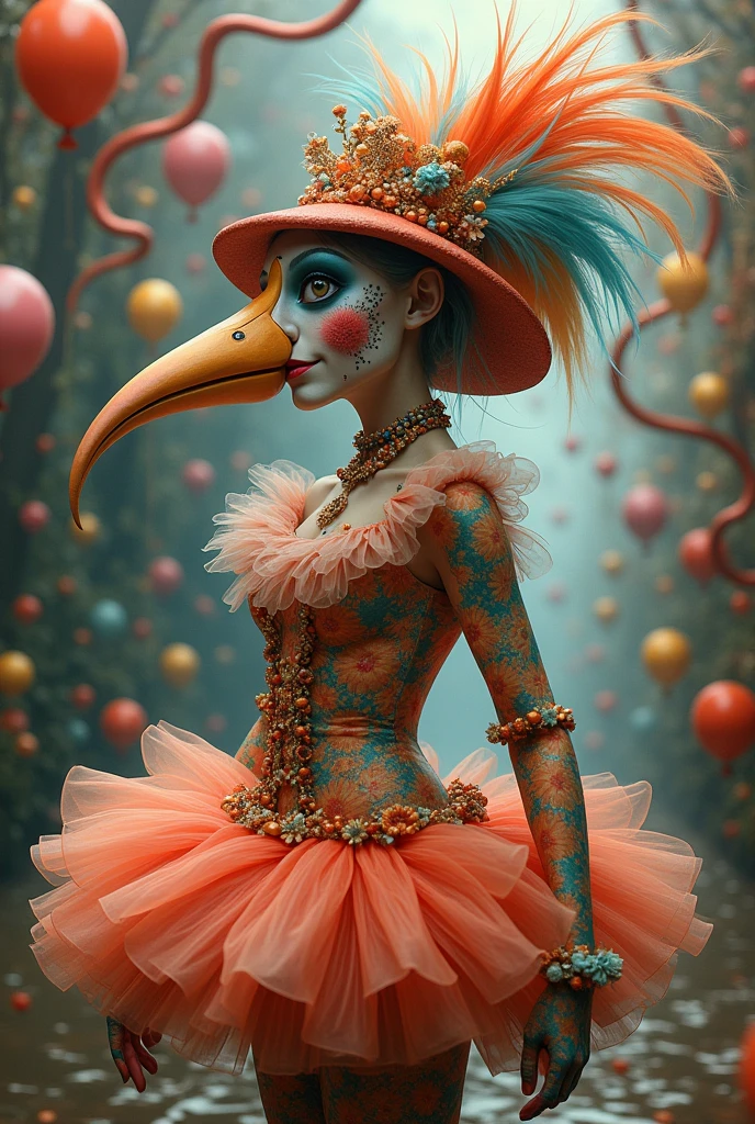 " A woman dressed in a colorful clown costume , that includes a large ...