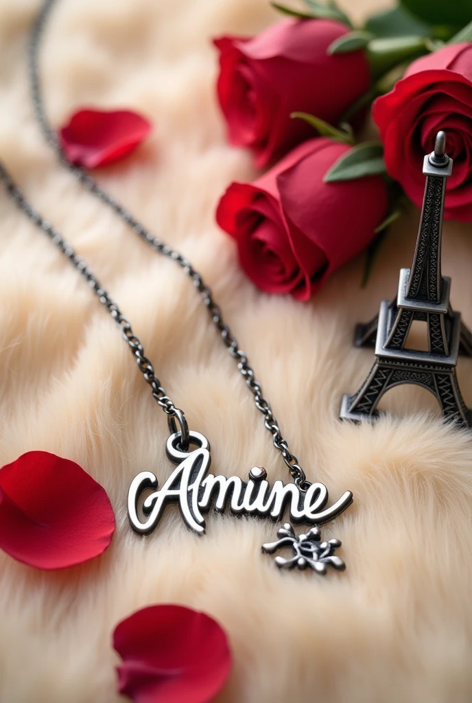 The image contains a silver chain with the name Amine in the middle ...