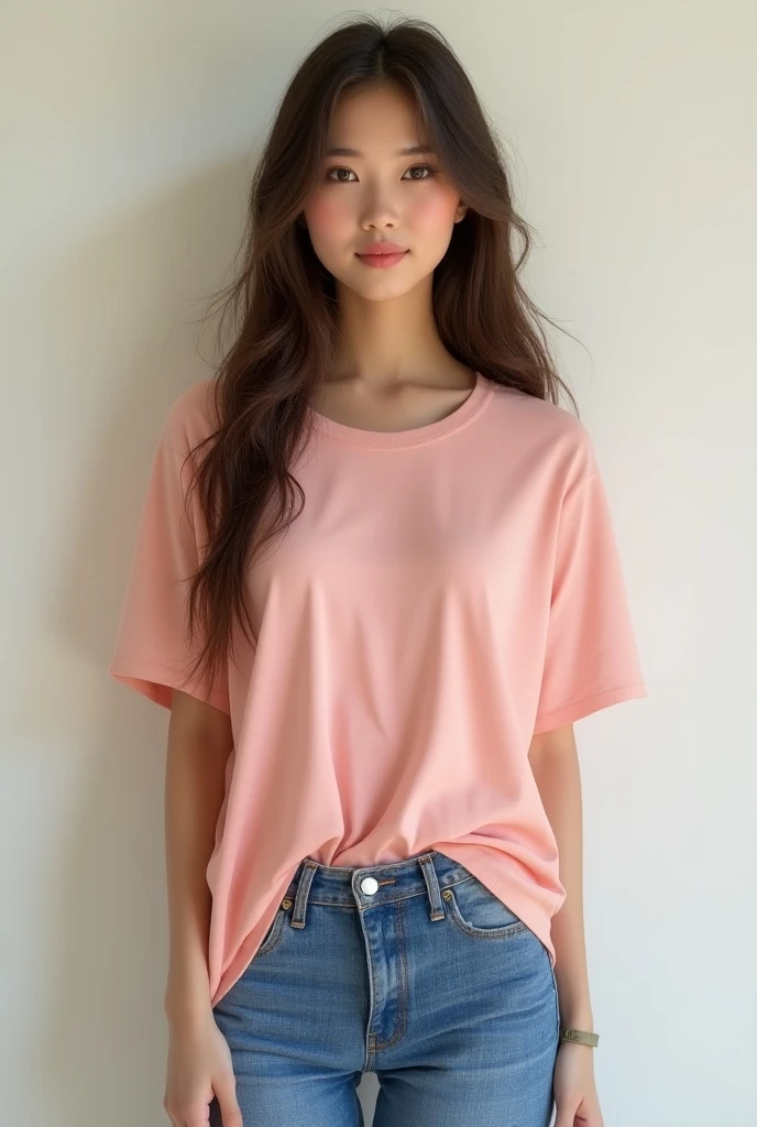A beautiful woman wears a loose pink t-shirt shirt Long hair Wearing ...