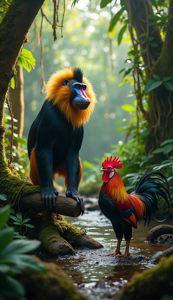 Mandrill and Gallo Gallus, a dense tropical jungle with thick foliage ...