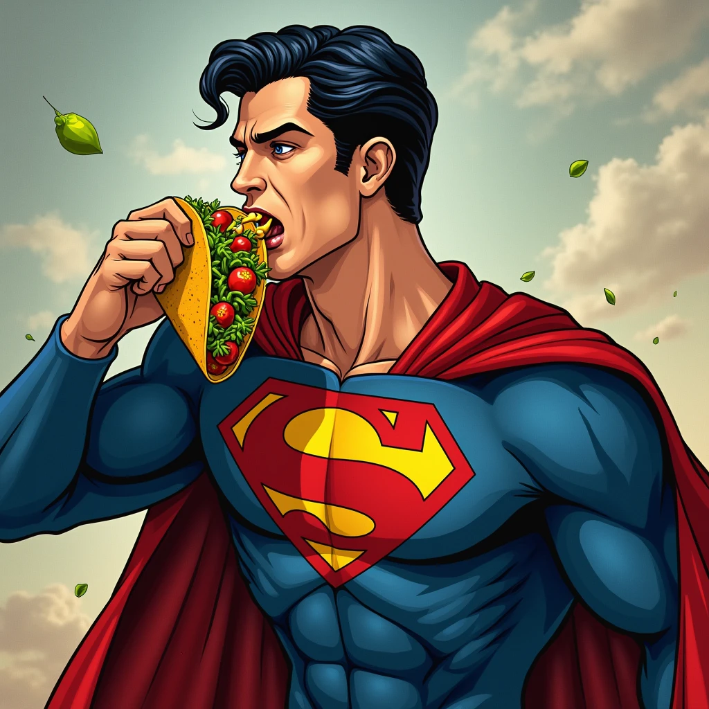Superman eating a taco with a leafy background - SeaArt AI