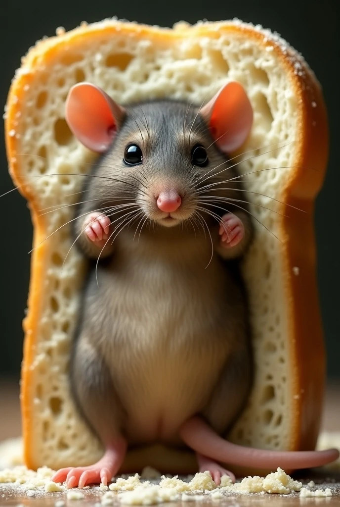 Frightened obese rat in the middle of a slice of bread - SeaArt AI