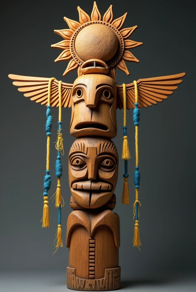 Create an image of a wooden totem with a wooden sun at the top of which ...