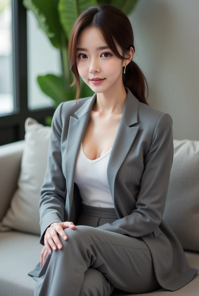A beautiful Japanese woman in a sexy, stylish, elegant gray blazer ...