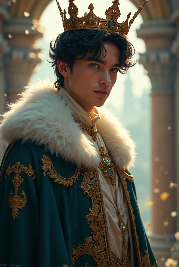A king, of 23 years, high, Wearing a king's costume and blue eyes ...