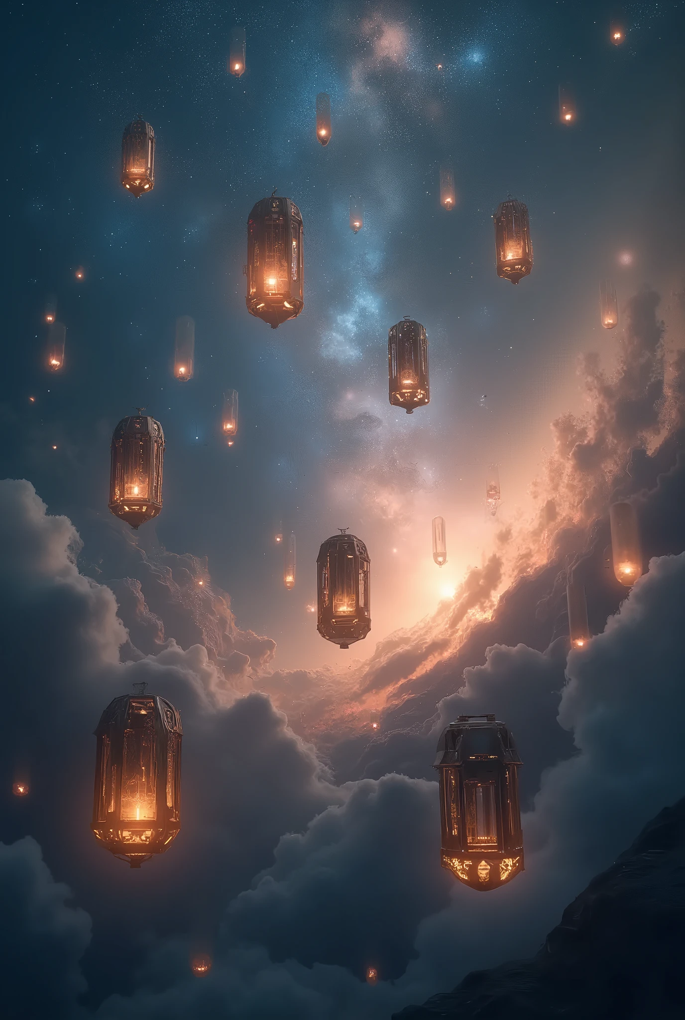 There are many lanterns floating in the sky with a sky background ...