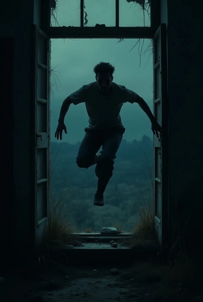 A young man jumping out of the window of an abandoned house and fleeing ...
