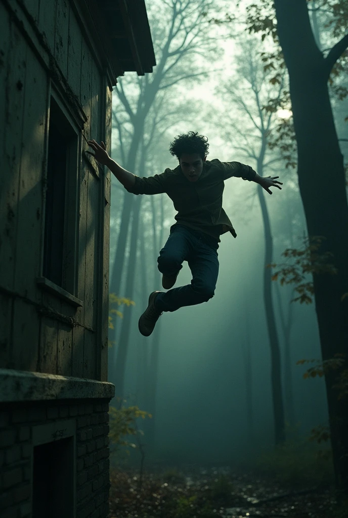 A young man jumping out the window of an abandoned house and fleeing in ...