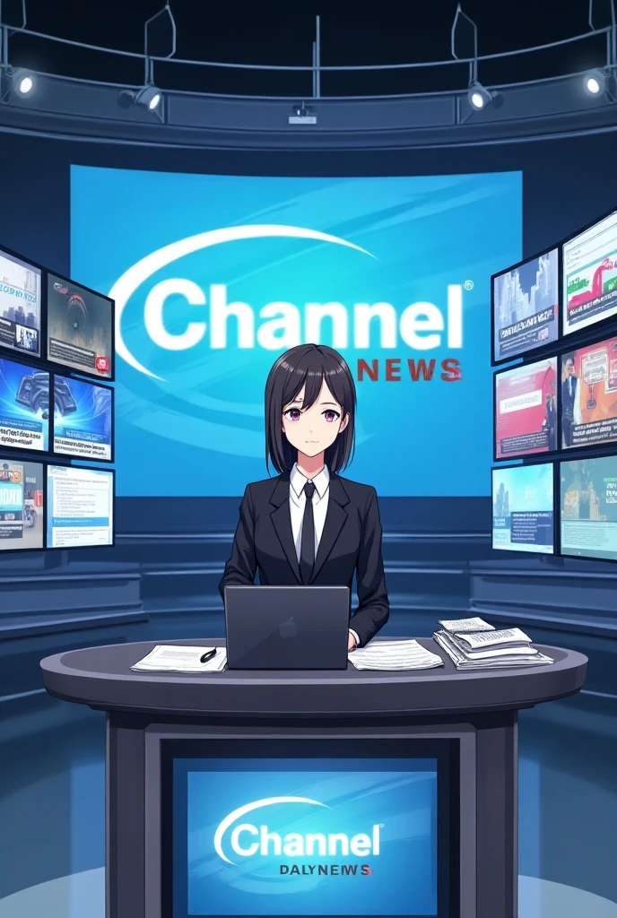 Create a image of A 35 years anime news anchor Sitting in front of news ...
