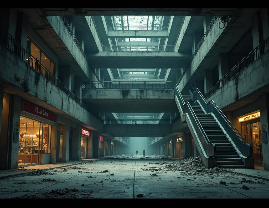Interior of abandoned shopping mall, in ruins, with shops, stairs ...