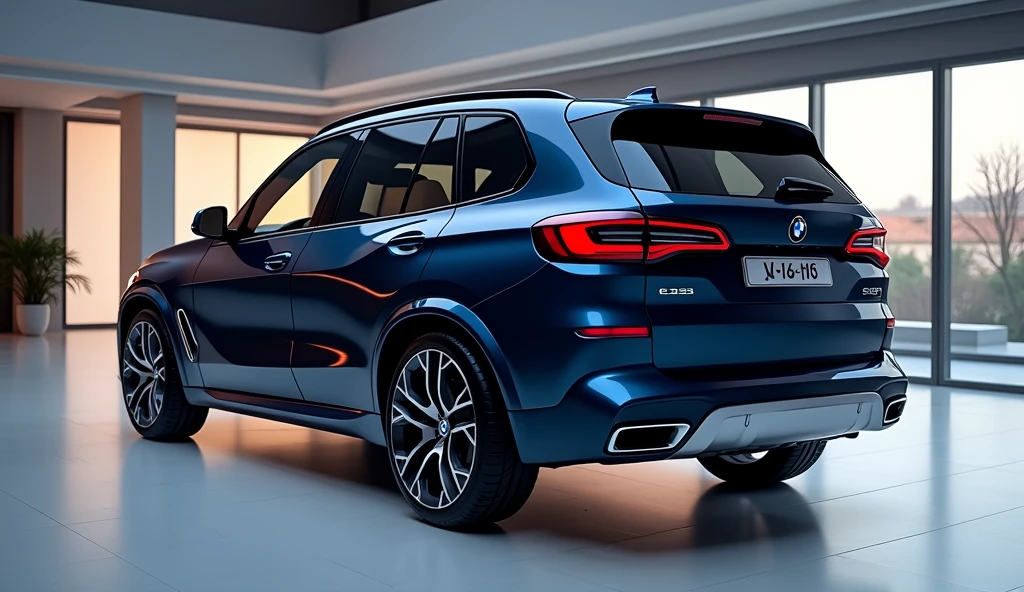 A rear back view 2025 BMW X5 full hd shiny dark blue in luxery showroom ...
