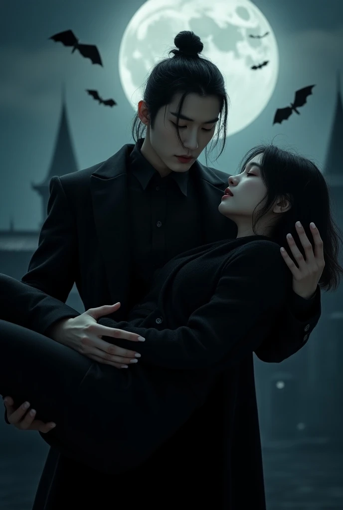 Create an image full body photo of a handsome korean vampire with dark ...
