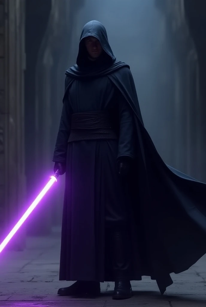 Generate a photo of a Jedi with a purple plasma sword in a dark cape ...