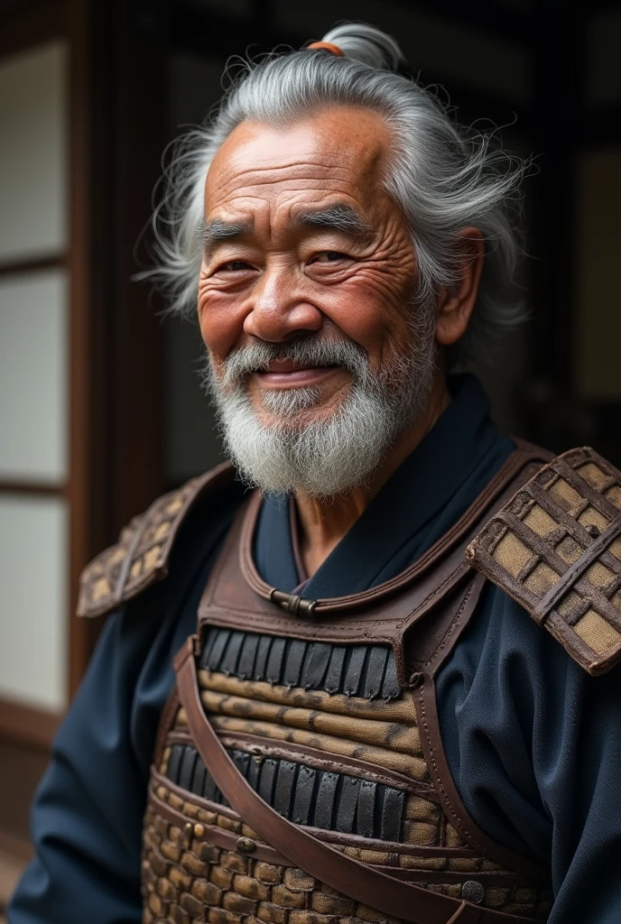 Facial detail, of an old samurai without beards , with smiling when ...