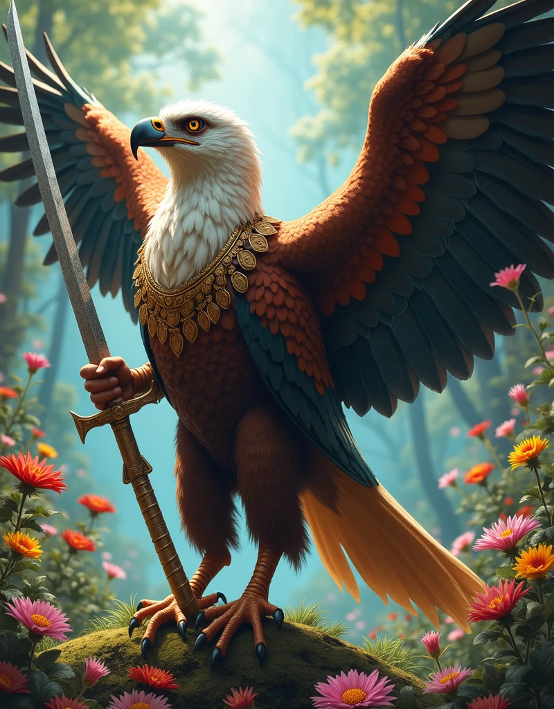 Jatayu, the majestic king of eagles from the Ramayana, holding a sword ...