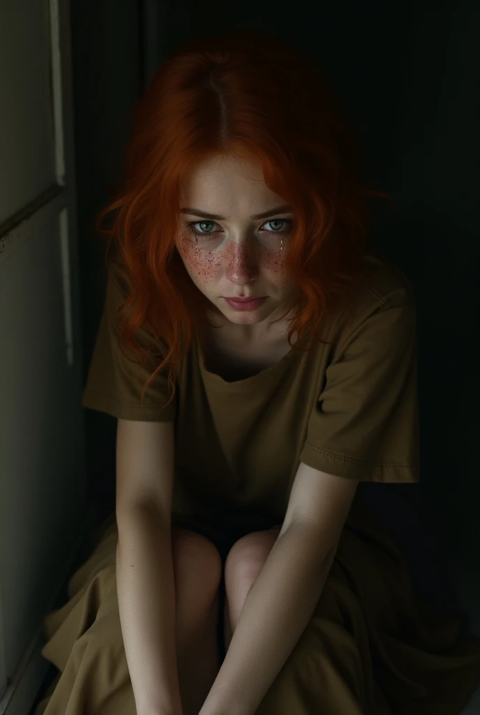 Create a woman with red and wavy hair , grey eyes, thick lips and ...