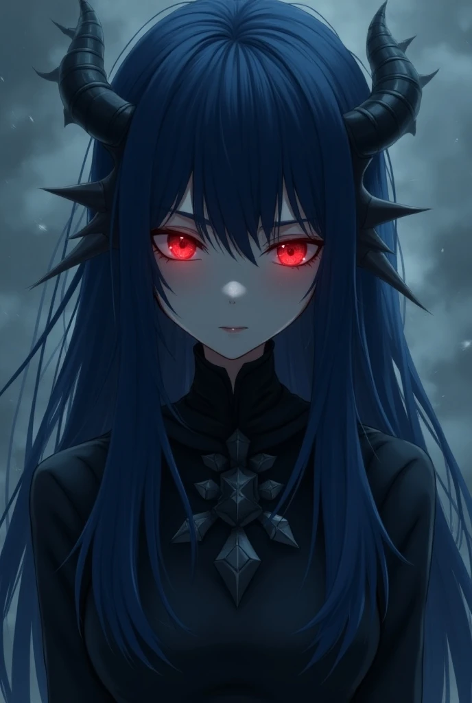 Dark blue hair and red eye dragon lady , sad and lonely mode - SeaArt AI