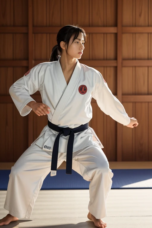 In the dojo、 Please describe a few martial artists in karate uniforms ...