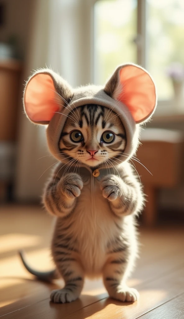 A cute kitten is dressed in a mouse costume, cute face, in relation to ...