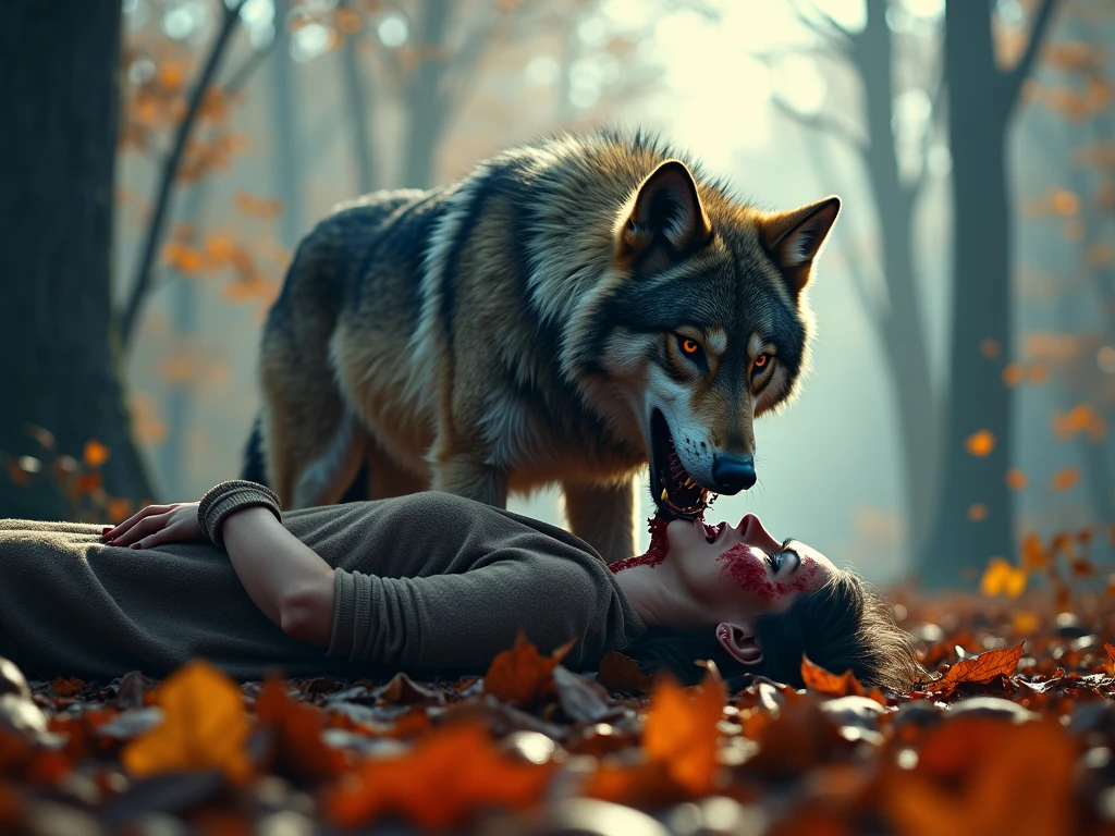 A hyper-realistic video of a wolf devouring the woman in an autumn ...
