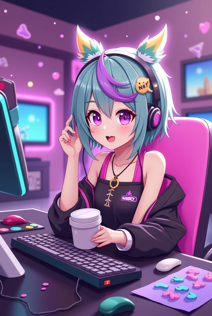 A vibrant virtual YouTuber streaming scene, featuring a cute anime ...