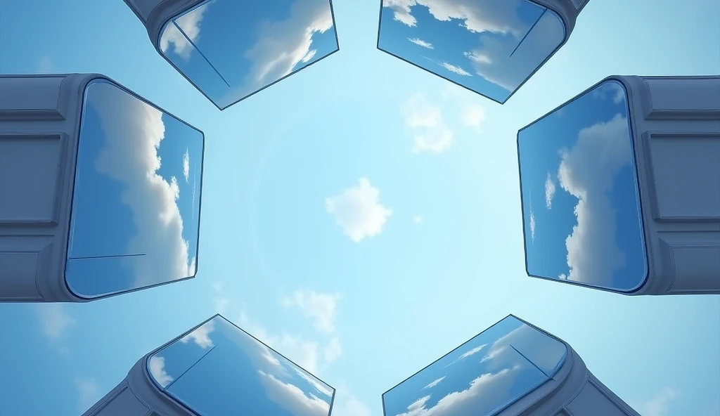 A space in which seven mirrors are shown from different angles that ...